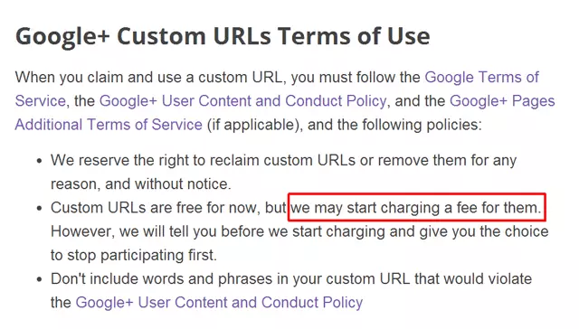 Google+ ಕಸ್ಟಮ್ URL ಗಳು ಶುಲ್ಕಗಳು