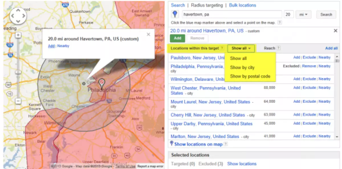 Google Adwords Location Mikendry ny fanilihana fanilihana - Tsindrio ny habe feno