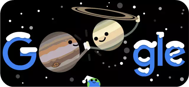 Google Doodle por la vintra solstico kaj bonega konjunkcio