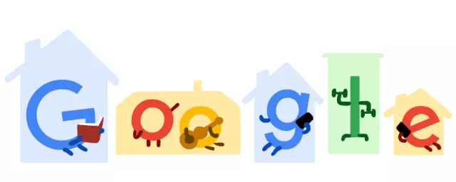 Google Doodle - restu hejme. Savu vivojn. Kondukas al koronavaj konsiletoj