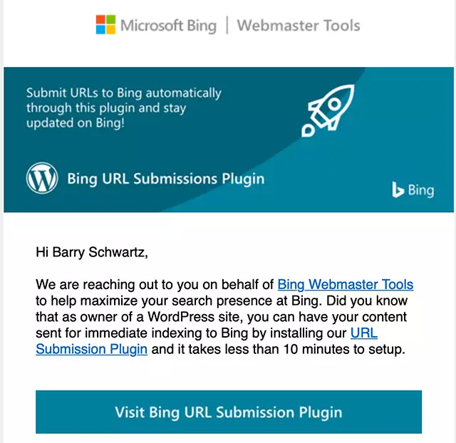 Microsoft Bing dërgon email për të përdorur shtojcën e dorëzimit të WordPress URL 1220_2