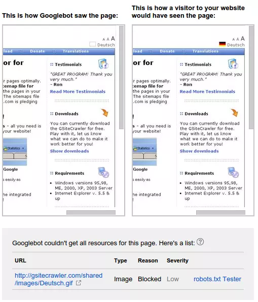 Google Search Console busca e renderização mostra gravidade de recursos bloqueados