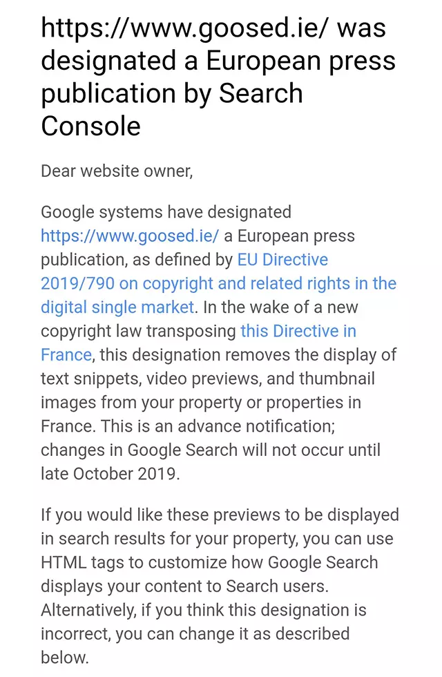 Notifica di Google della rimozione di snippet alle pubblicazioni della stampa europea 2552_2