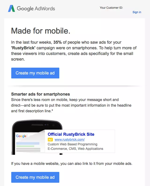 Google AdWords Emailing reklamodawca, aby wykonać reklamy specyficzne dla telefonów komórkowych 28921_2