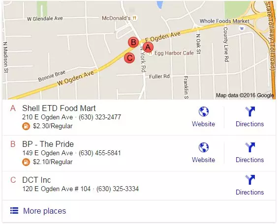 ผลลัพธ์ของ Google Local Pack ได้รับราคาก๊าซ