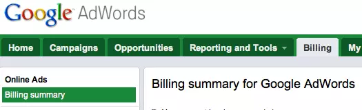 AdWords Billing Tab screenshot