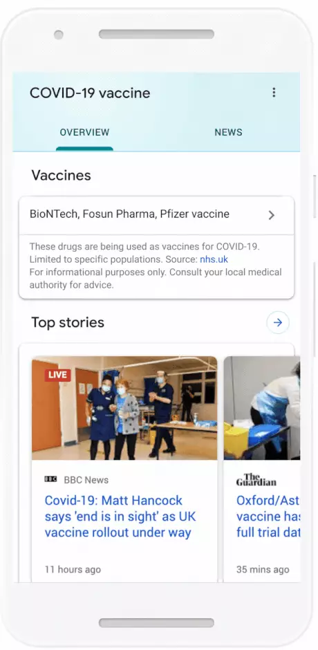 Google Пошук COVID-19 вакцыны алгарытм і інтэрфейс абнаўлення 3591_2