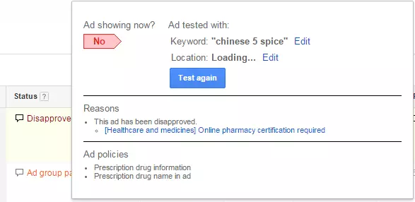 Google Adwords Bug b'avviżi ta 'diżapprovazzjoni ad 7263_2